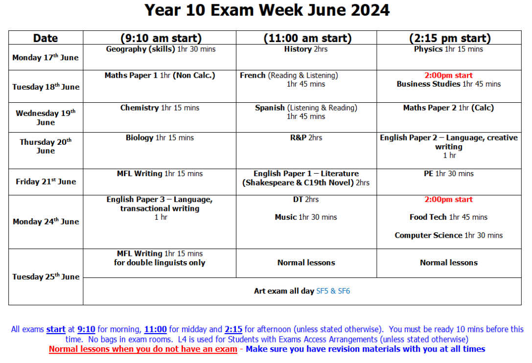 Year 10 Exam Timetable - Chatham & Clarendon Grammar School - Striving ...