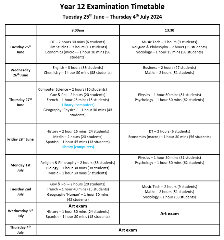 Year 12 Exam Timetable - Chatham & Clarendon Grammar School - Striving ...